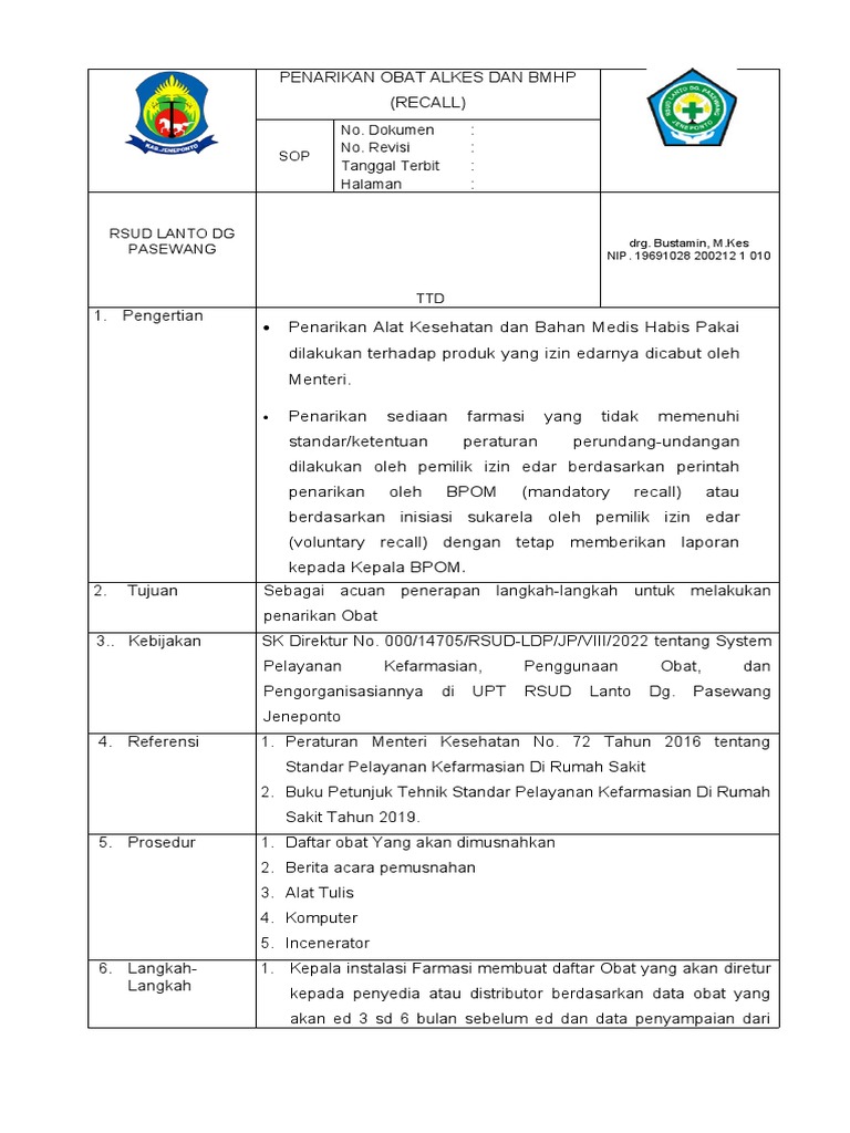 49-SOP PENARIKAN OBAT Fix | PDF