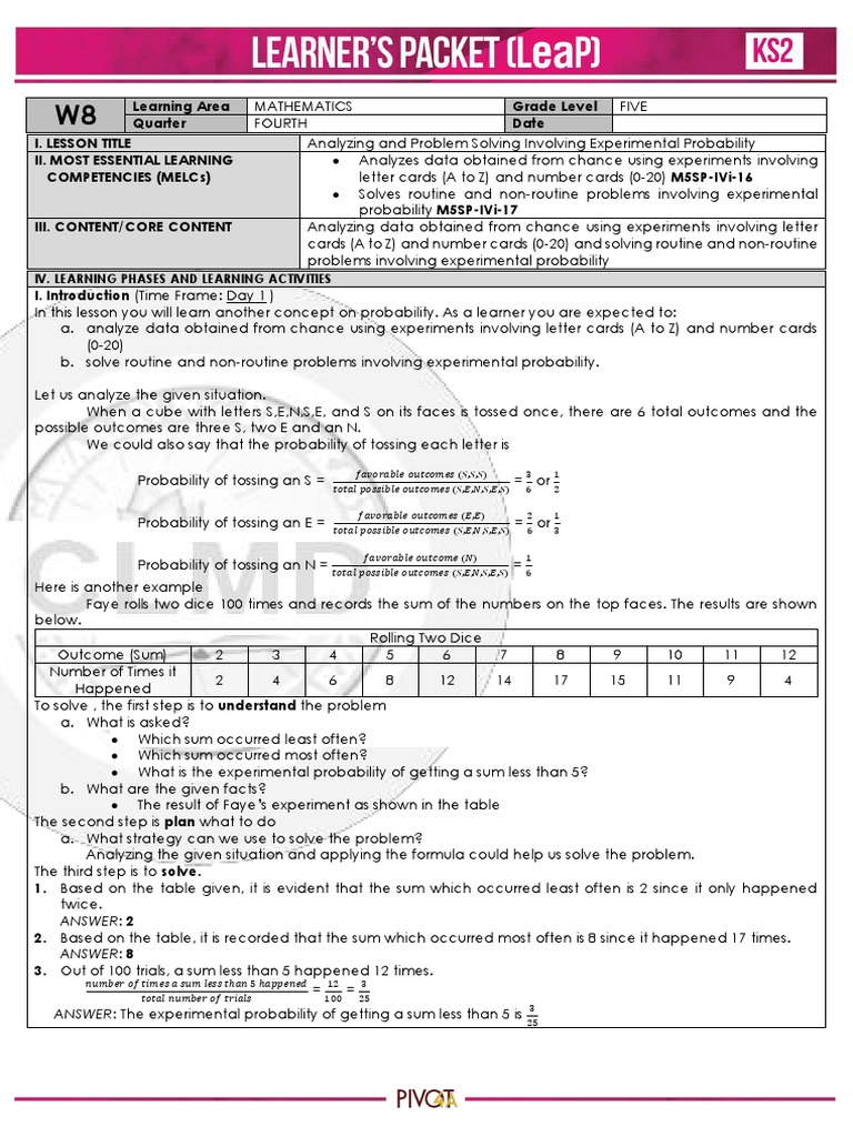 Q4 Math 5 Week8 | PDF | Probability | Learning