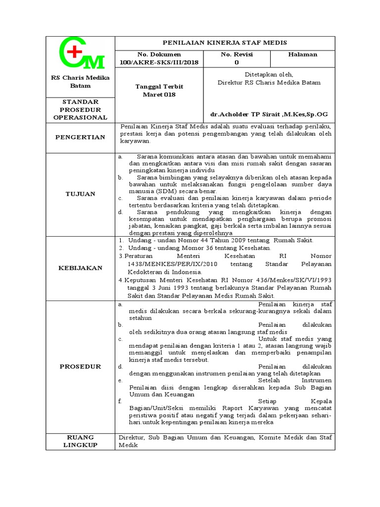 Penilaian Kinerja Staf Medis RS Charis | PDF