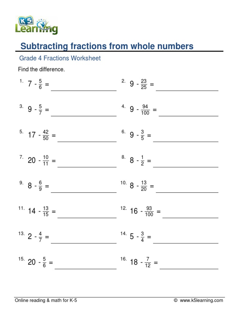 Grade 4 Subtracting Fractions From Whole Numbers A | PDF | Mathematics ...