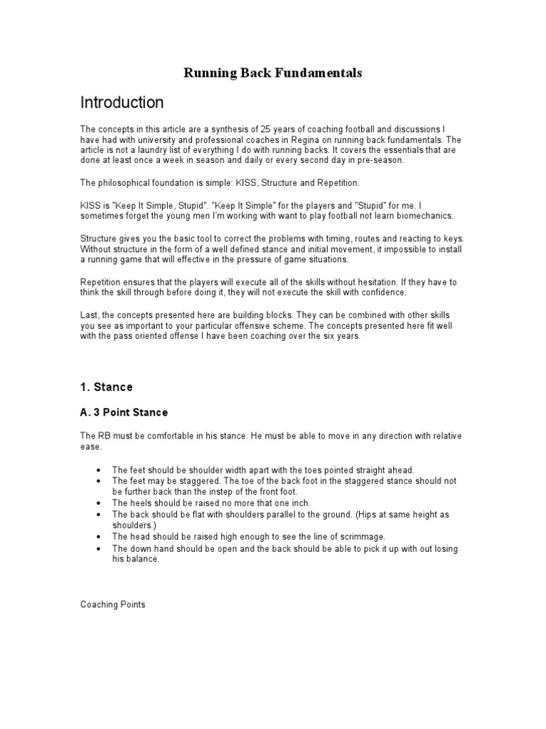 Running Back Fundamentals: 1. Stance | PDF | Quarterback | Foot