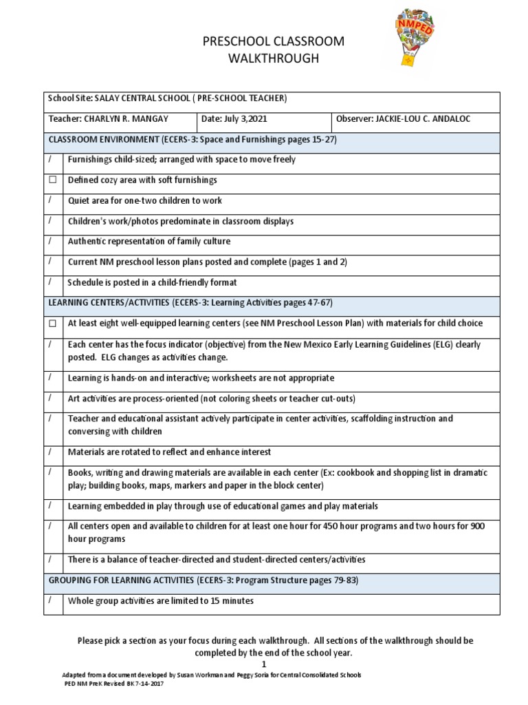 Classroom Walkthrough Fy18 1 | PDF | Classroom | Preschool