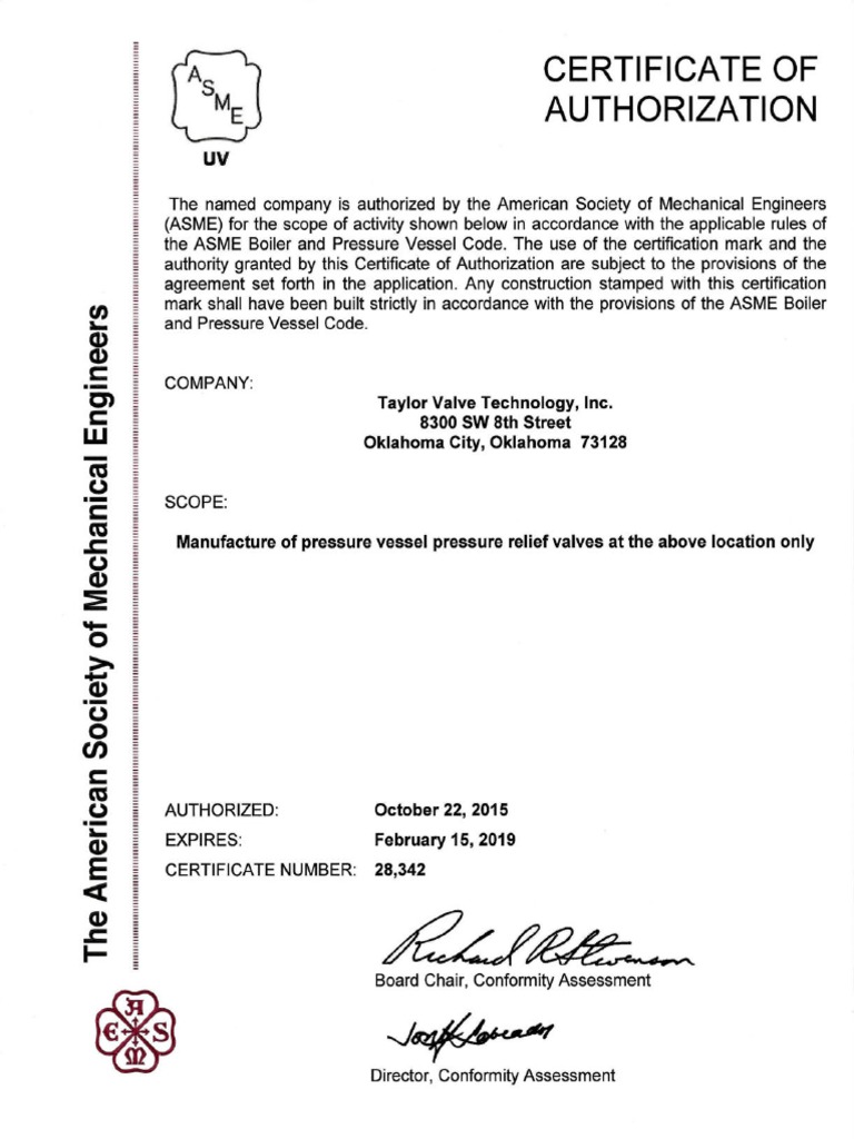 Cert of ASME Auth UV | PDF