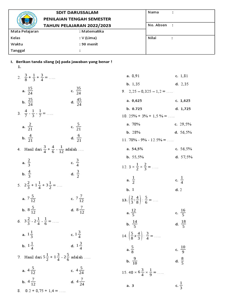 PTS MTK Kelas 5A | PDF | Metode & Bahan Ajar