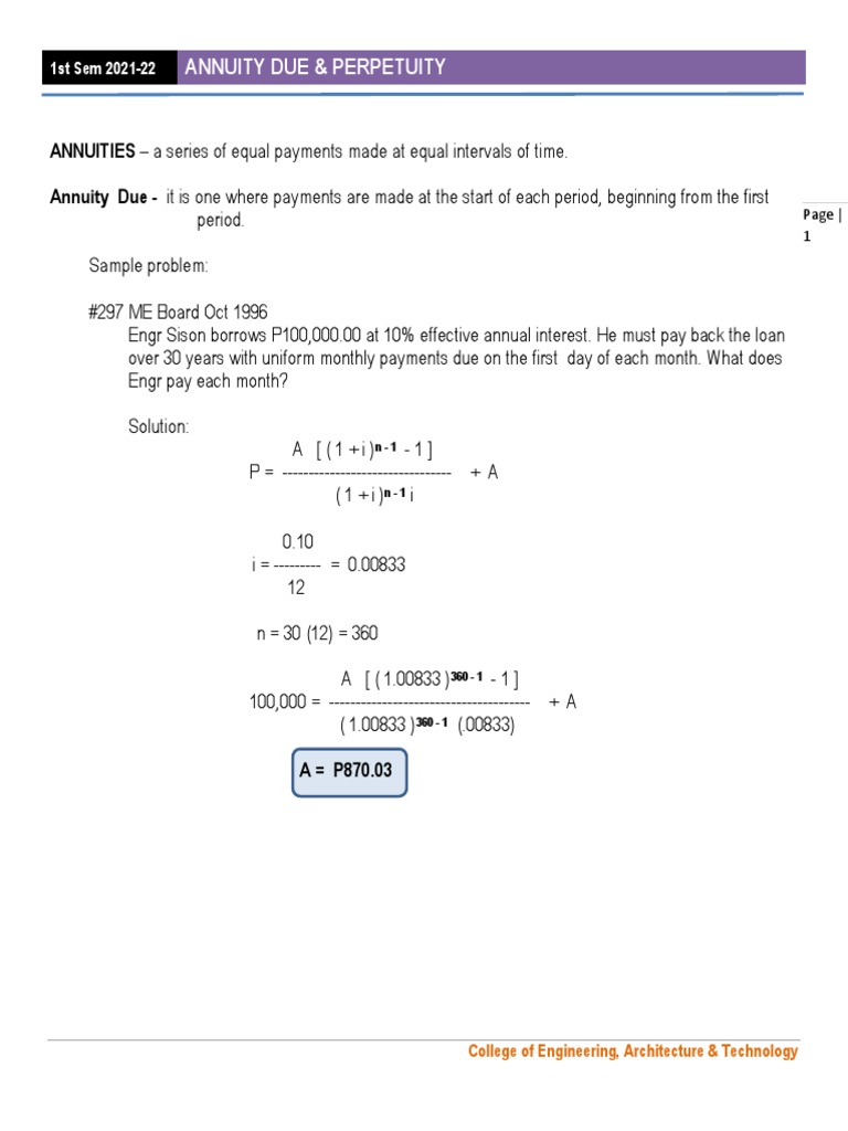 Handout 8.1 Annuity Due Sample Problems | PDF | Present Value | Financial Risk