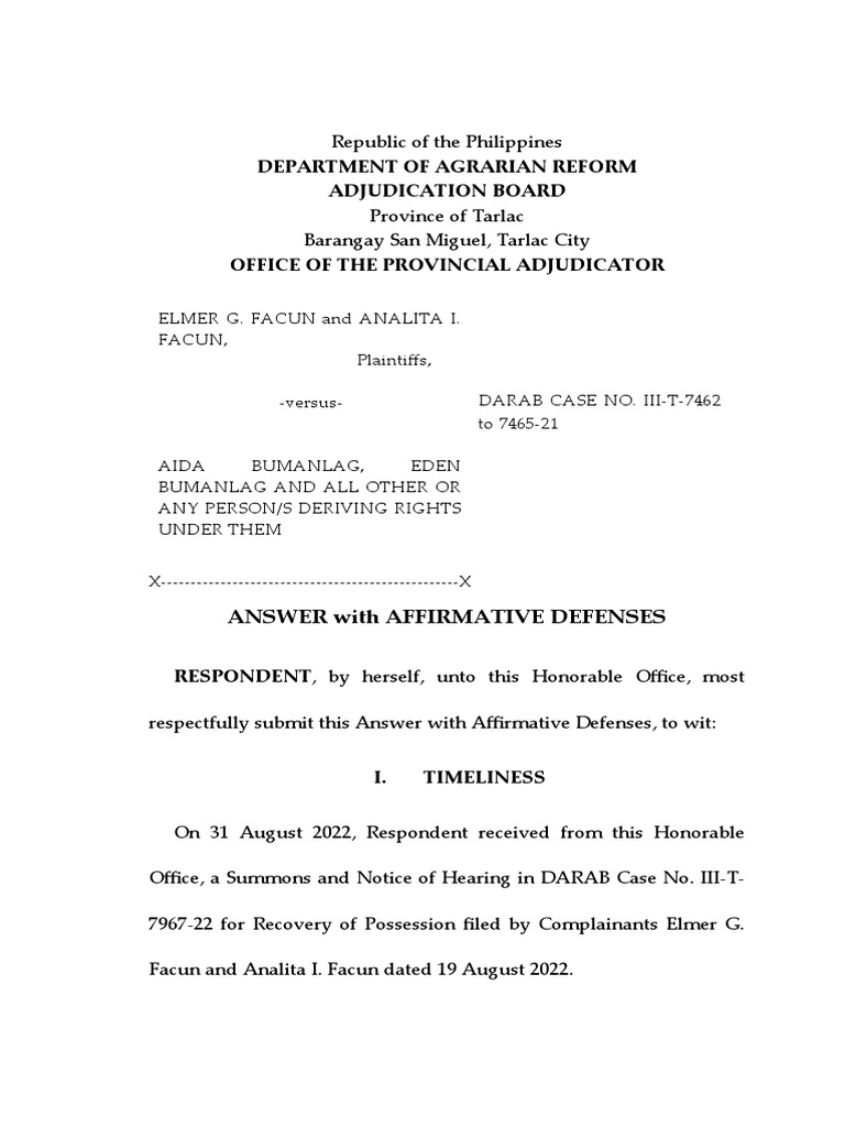 Answer with Affirmative Defenses in DARAB Case | PDF | Leasehold Estate ...