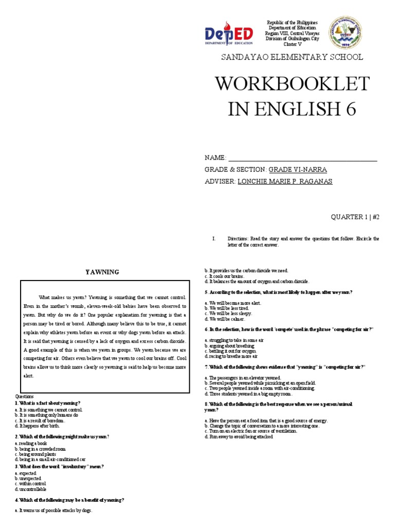 English 6 Workbooklet Activities | PDF | Laughter | Anger
