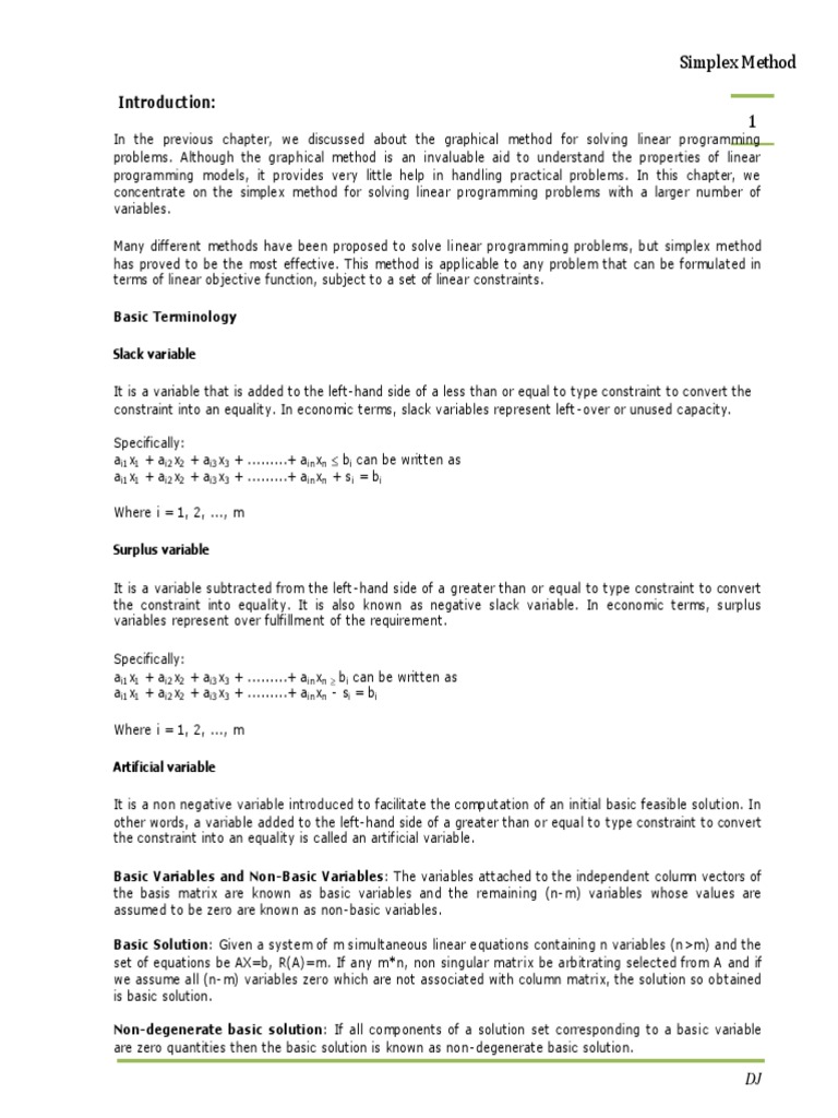 Class Note Simplex Method | Download Free PDF | Linear Programming | System Of Linear Equations