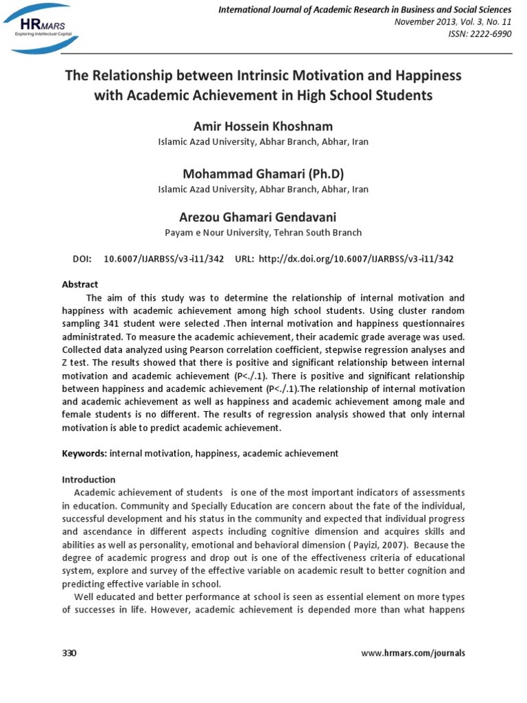 The Relationship Between Intrinsic Motivation and Happiness With Academic Achievement in High ...