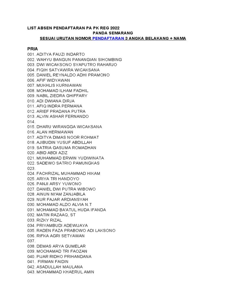List Absen Pendaftaran Pa PK Reg 2022 Panda Semarang | PDF | Perjalanan