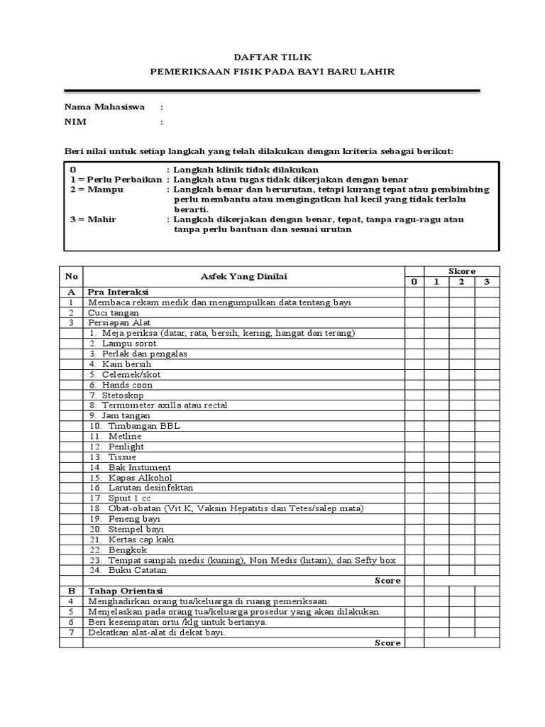 Daftar Tilik Pemeriksaan Fisik Bayi Baru Lahir | PDF