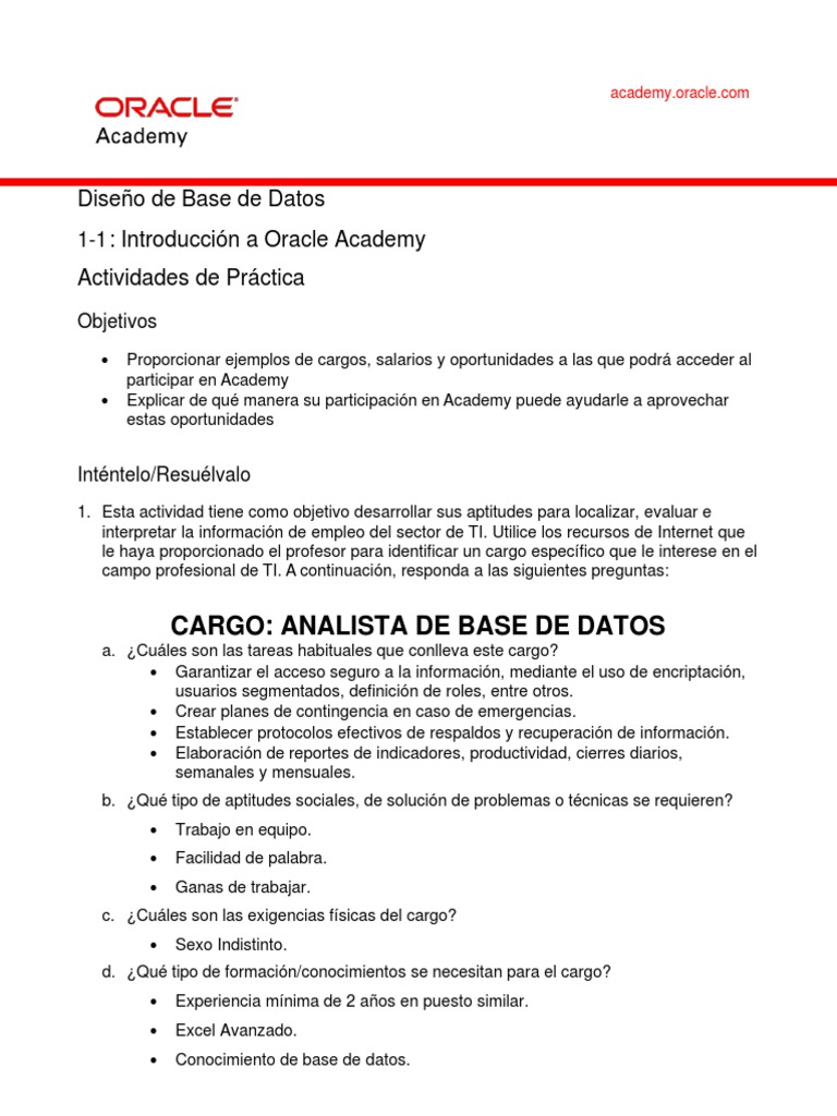 Práctica 1-1 Introducción A Oracle Academy | PDF | Bases de datos ...