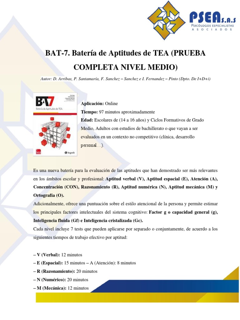 BAT 7. Batería de Aptitudes de TEA PRUEBA COMPLETA NIVEL MEDIO | PDF