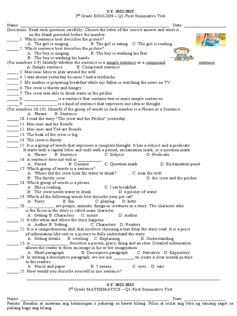 Q1-First Summative Test 2022-2023-All Subjects - Grade 3 | Download ...