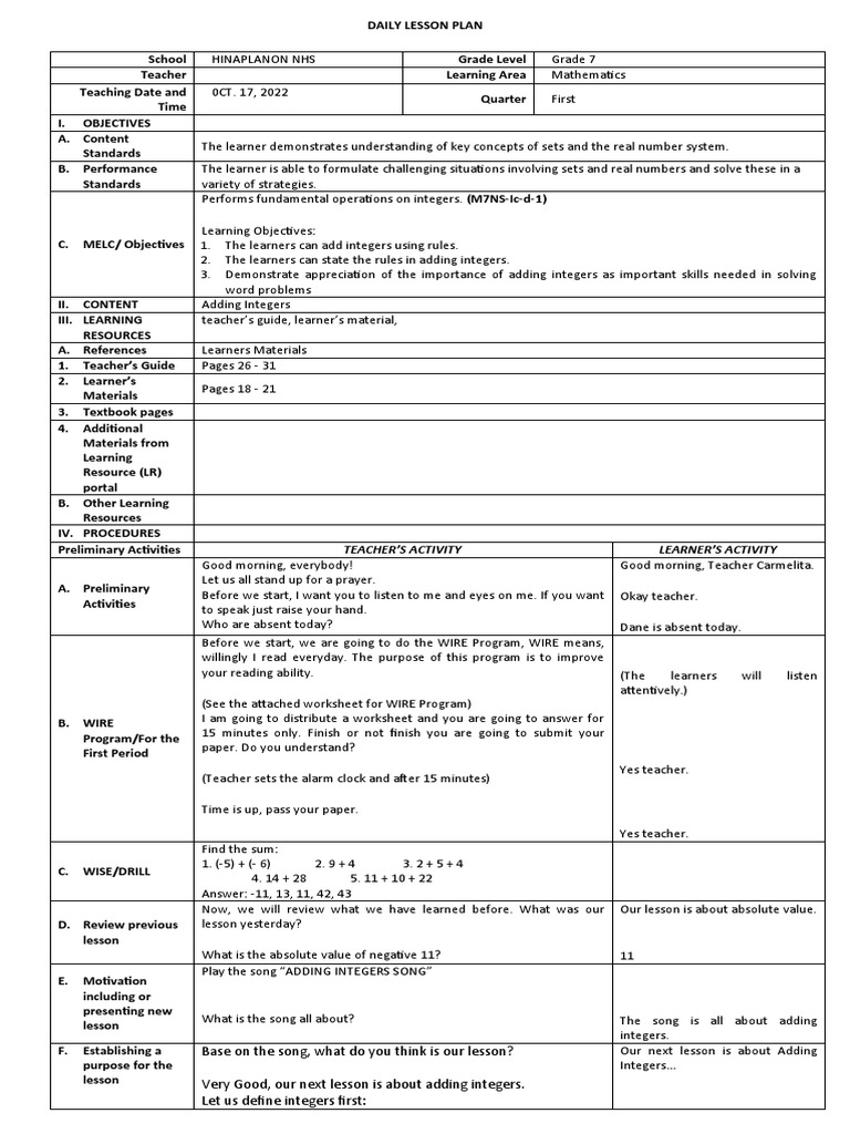 DLP Mathematics Q1 G7 | PDF | Integer | Natural Number