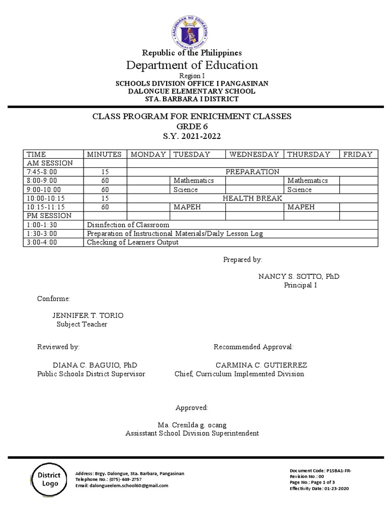 Class Program For Enrichment Classes Grade 6 SY 2021 2022 | PDF | Teaching | Behavior Modification