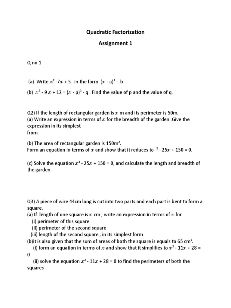 Quadratic Factorization Assignment | PDF | Speed | Area