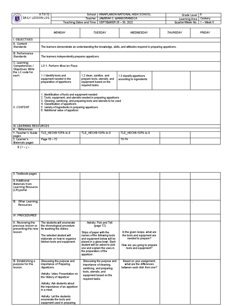 Grade 9 Cookery Lesson Plan: Appetizers | PDF | Education Theory | Teaching