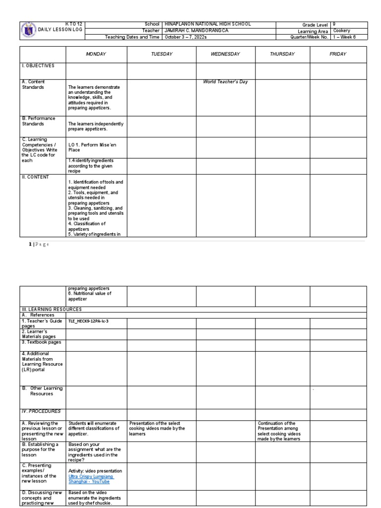 Preparing Appetizers: A Daily Lesson Plan on Identifying Ingredients ...