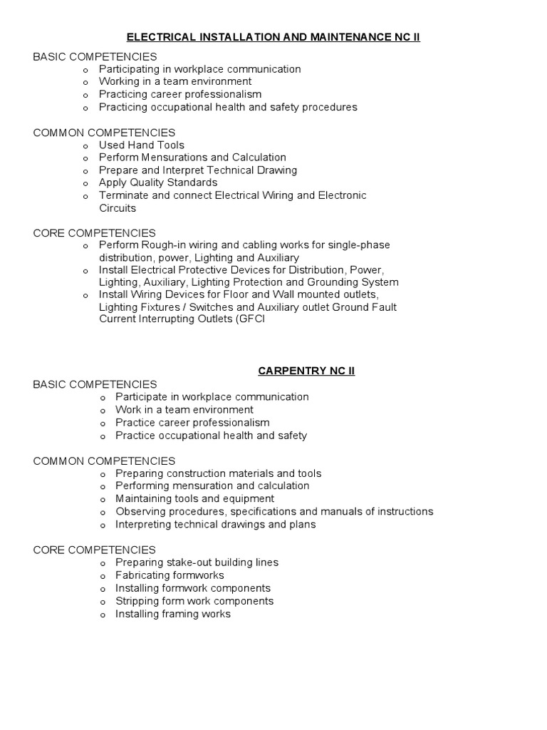 Vocational Training Competencies Overview | PDF | Electrical Wiring ...