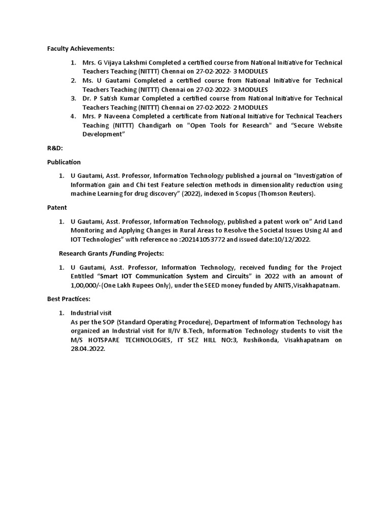 Faculty Achievements | PDF | Art | Technology & Engineering