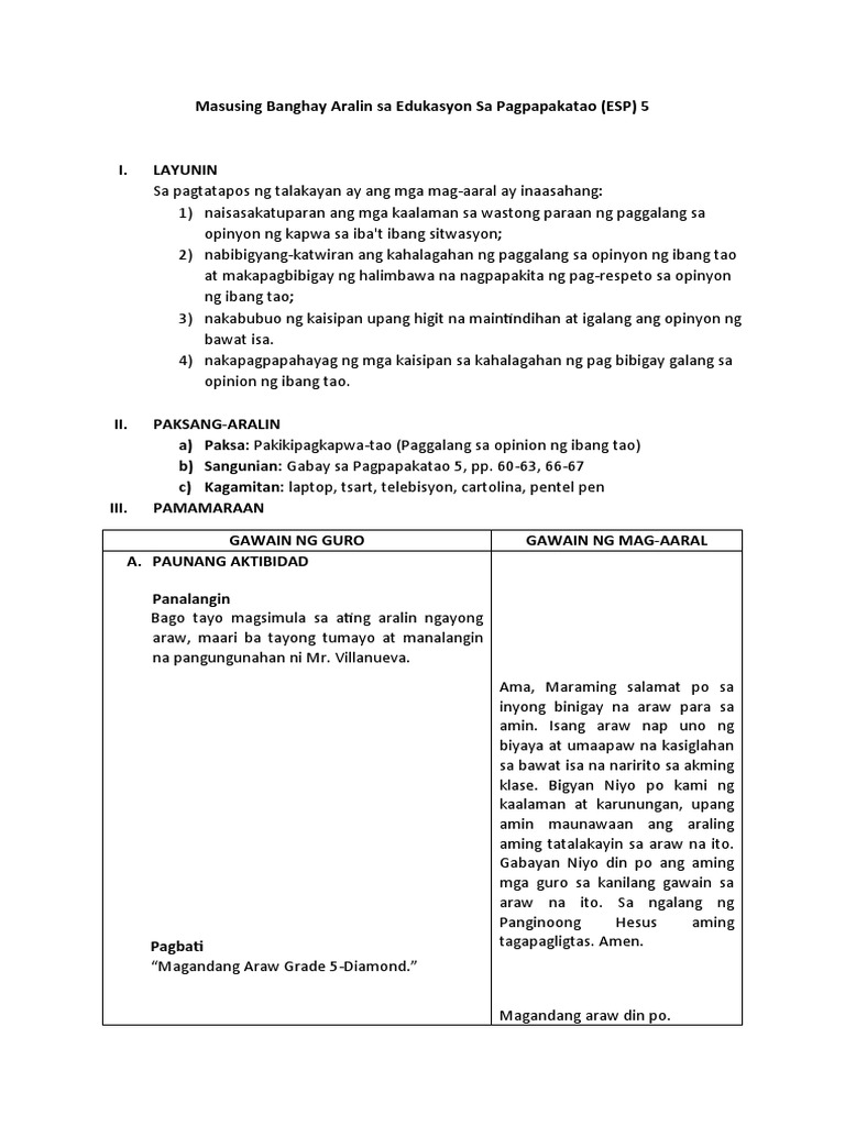 Masusing Banghay Aralin Sa Edukasyon Sa Pagpapakatao 5 | PDF
