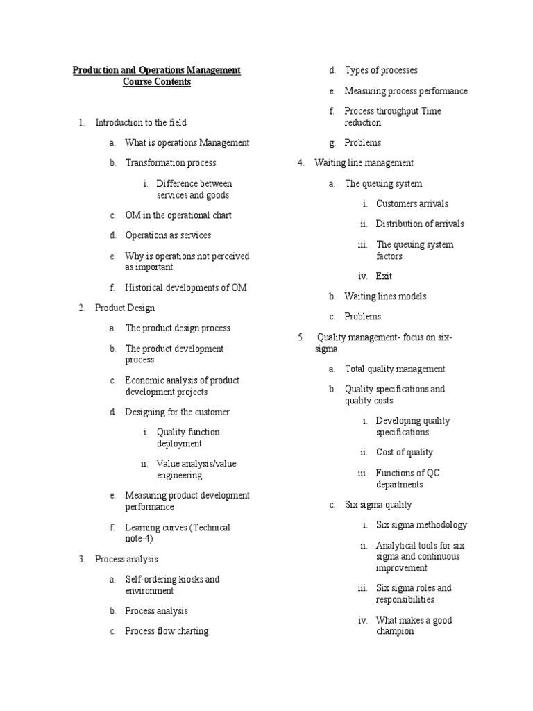 POM Course Outilne | PDF | Operations Management | Quality (Business)