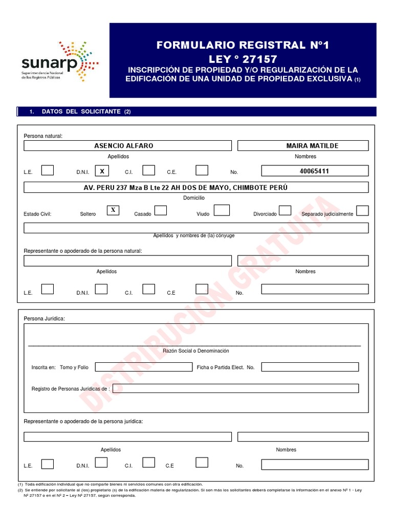 Formulario Registral 1 - Sunarp | PDF