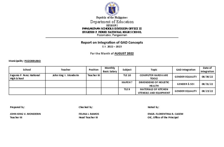 Report on Integration of GAD Concepts AUGUST | PDF