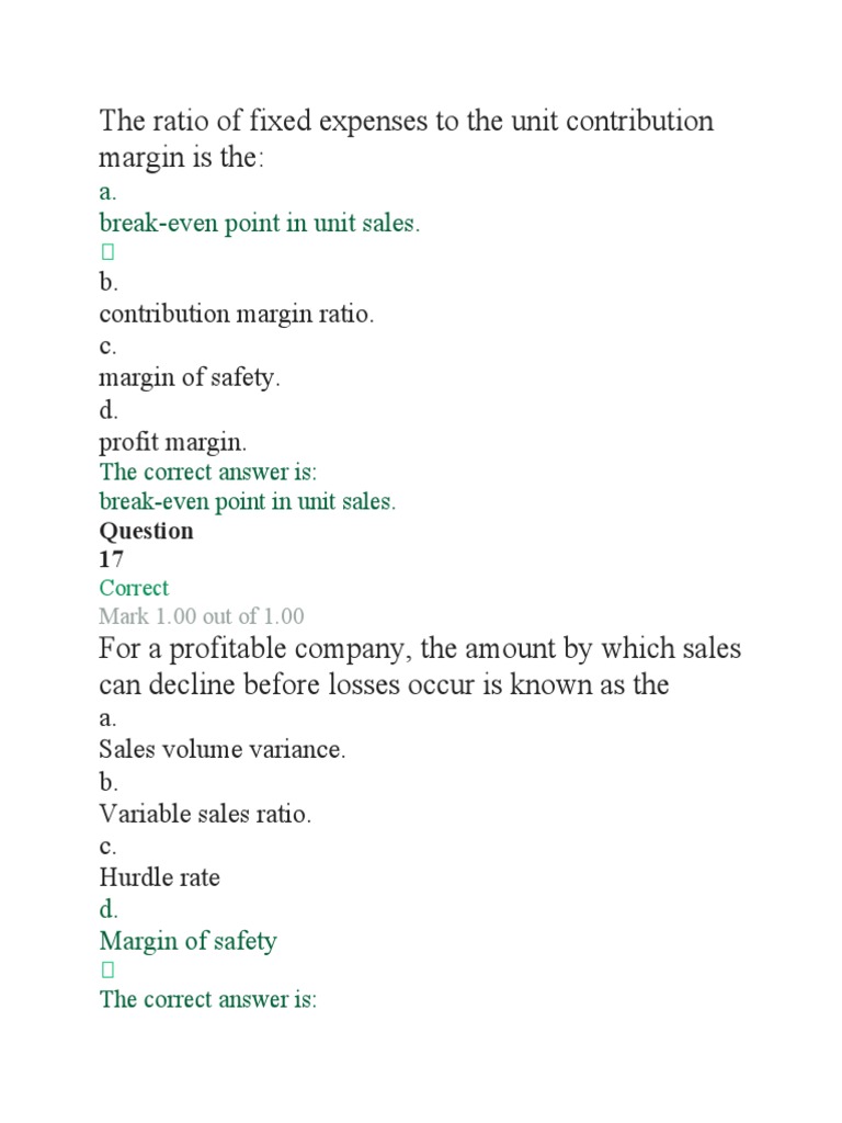 The Ratio of Fixed Expenses To The Unit Contribution Margin Is The ...