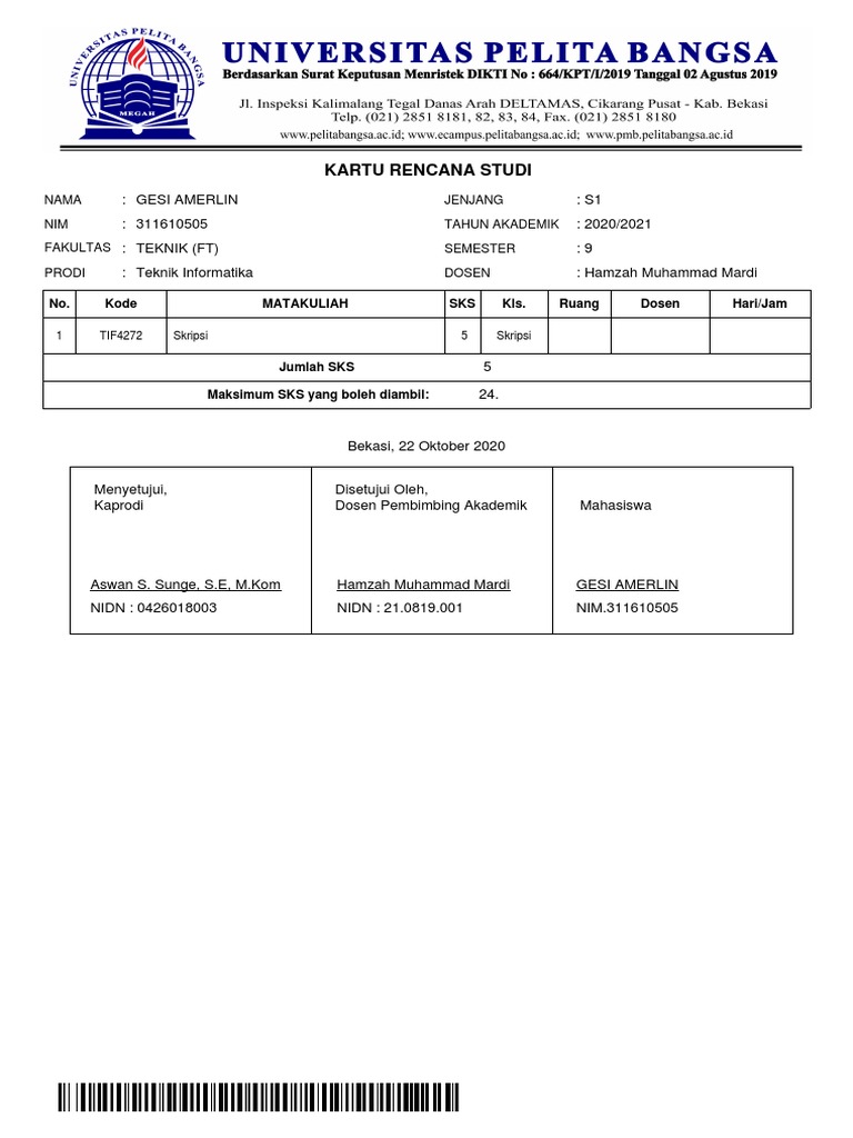 Kartu Rencana Studi: Nama NIM Jenjang Tahun Akademik | PDF