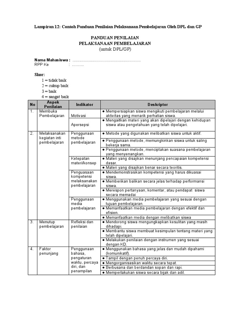 Lampiran 12 - Contoh Panduan Penilaian Pelaksanaan Pembelajaran Oleh DPL Dan GP | PDF | Karier ...