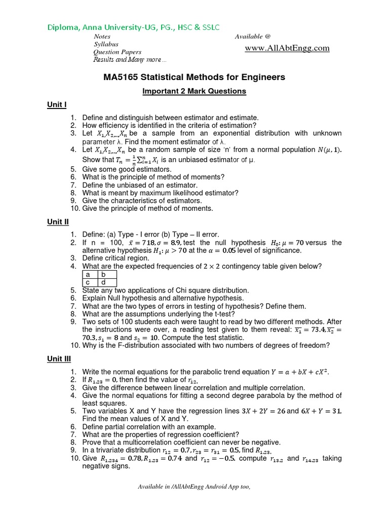 MA 5165 Statistical Methods For Engineers 2 Mark | PDF | Estimator | Analysis Of Variance
