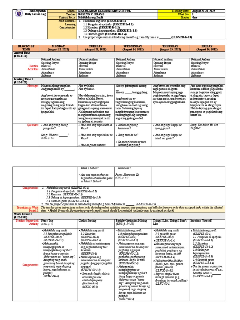 Kindergarten DLL MELC Q1 Week 1 | PDF