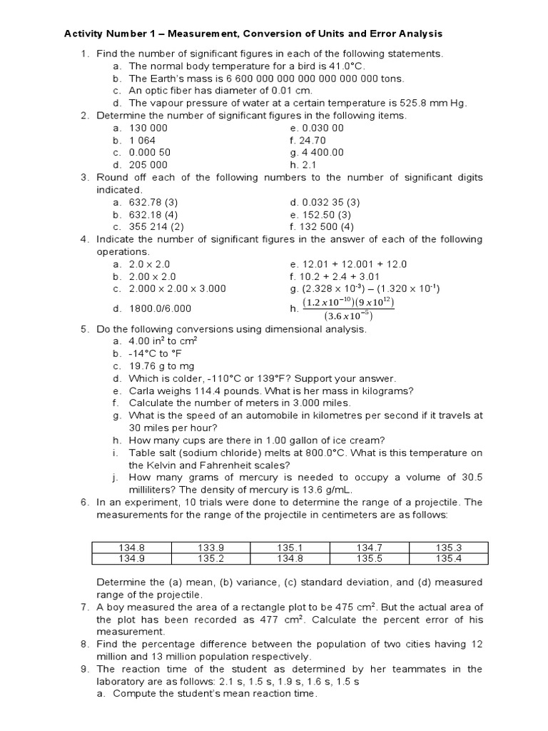 Measurement and Error Analysis Exercises | PDF | Significant Figures ...
