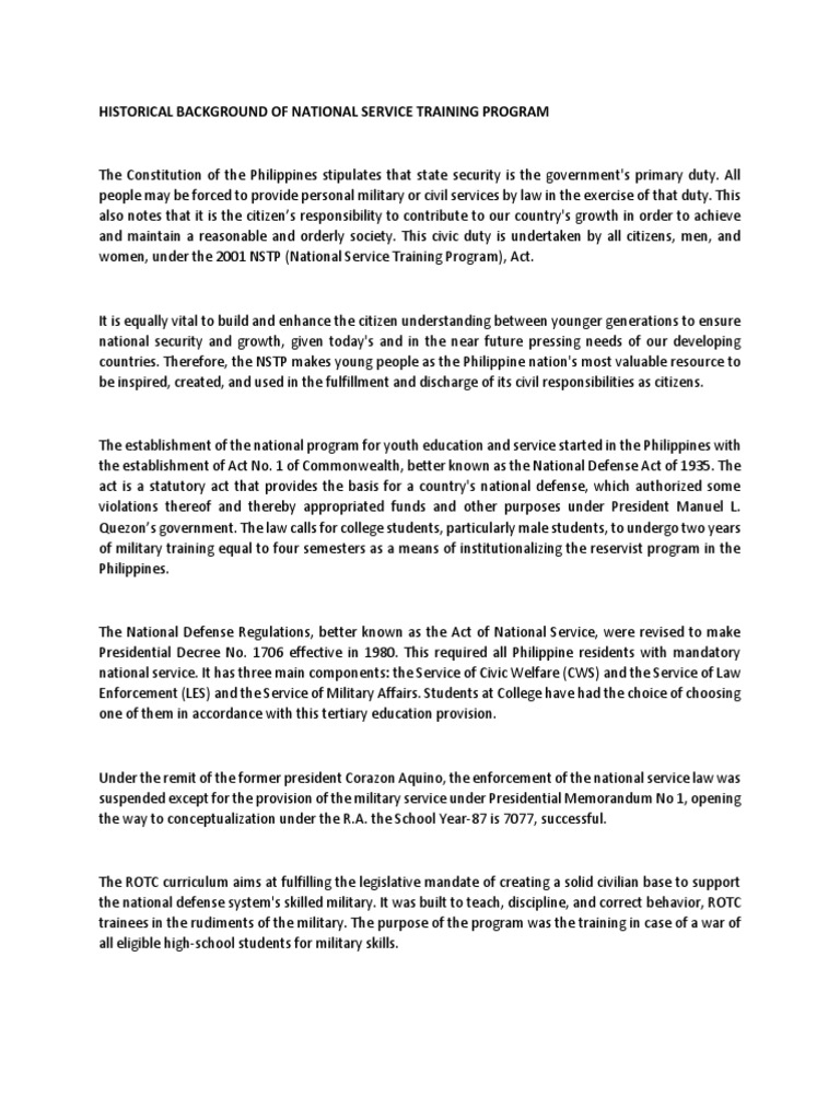Historical Background of National Service Training Program | PDF ...