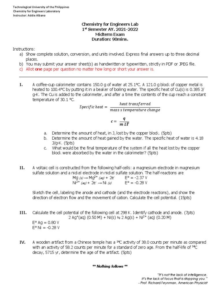 ChemEng Lab Midterm Exam | PDF | Anode | Cathode