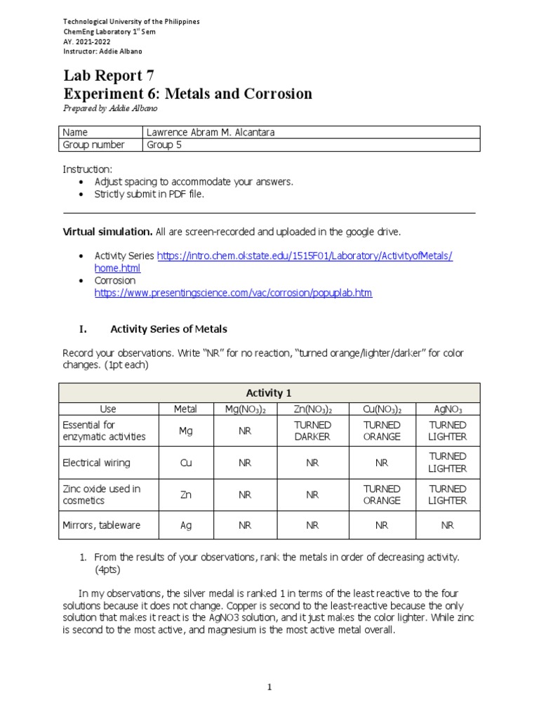 Metals and Corrosion Lab Report | PDF | Rust | Corrosion