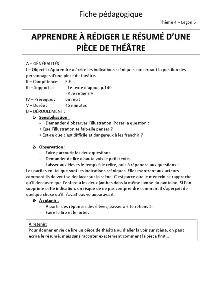 Rédiger le résumé d'une pièce de théâtre | PDF