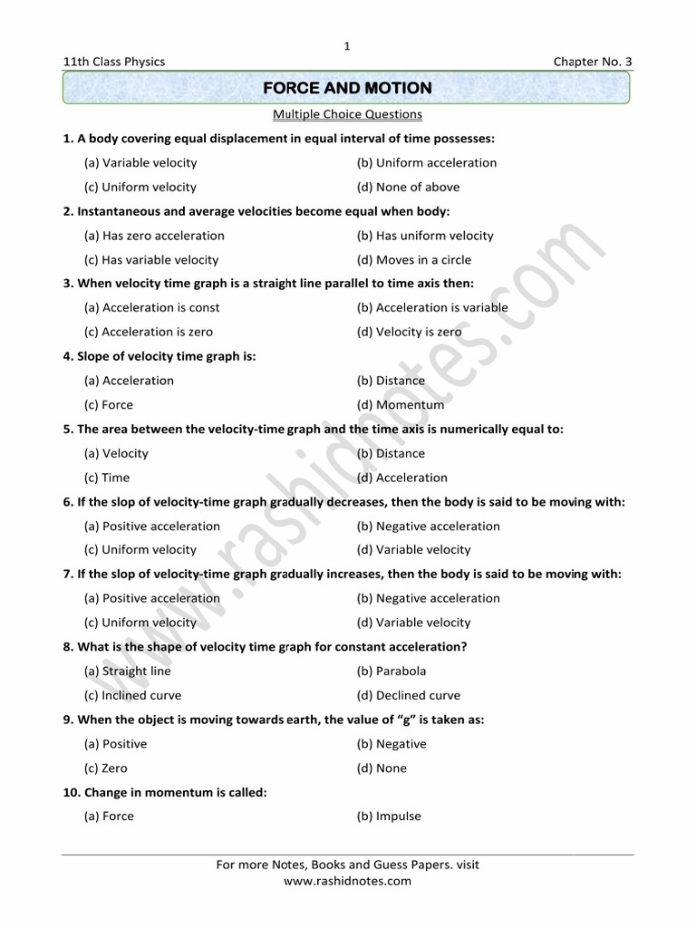 Chapter No. 3 Motion and Force (MCQS) | PDF