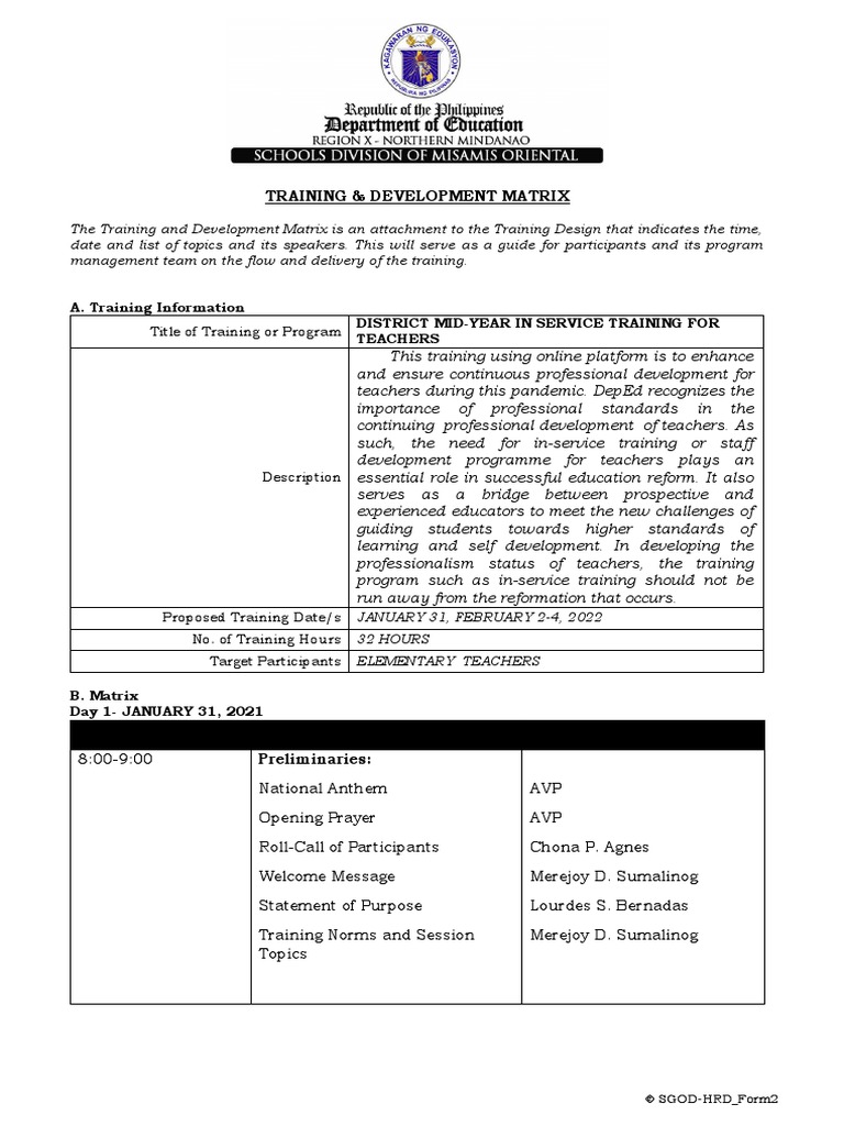 HRD Form 2 Training Matrix District | PDF | Learning | Behavior Modification
