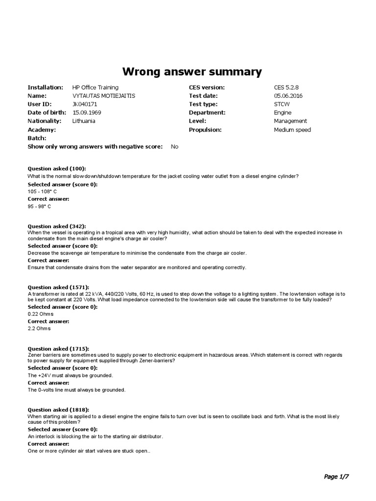 CES Wrong Answer Summary | PDF | Diesel Engine | Engines