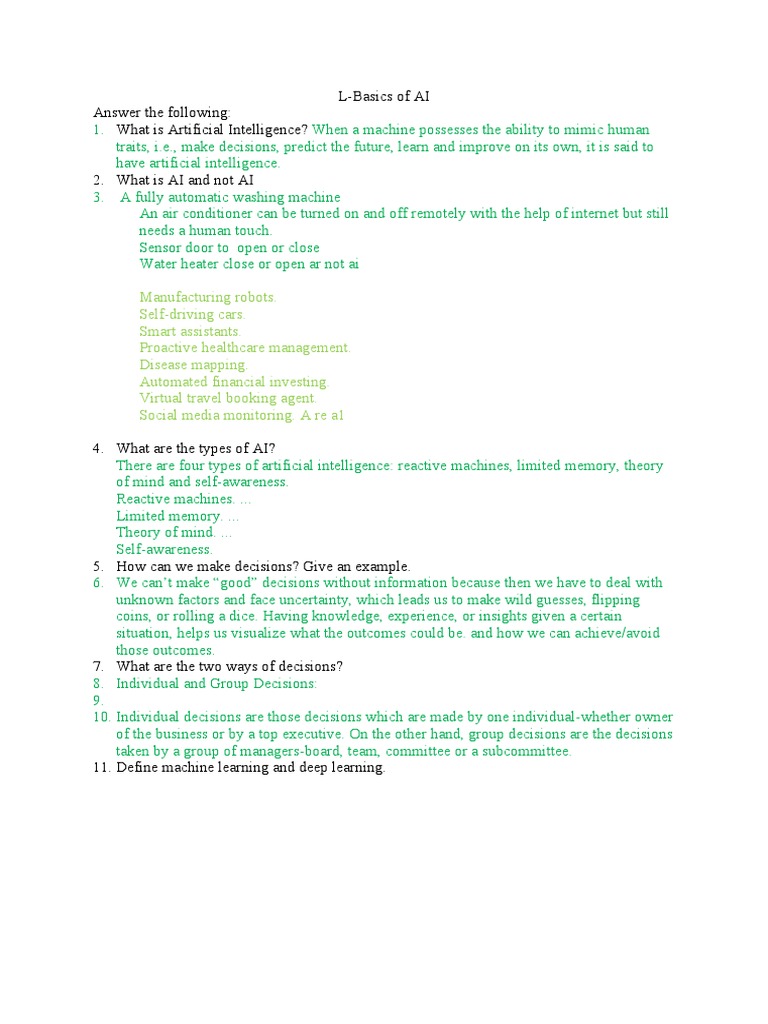 Basics of AI Questions | PDF | Artificial Intelligence | Intelligence ...