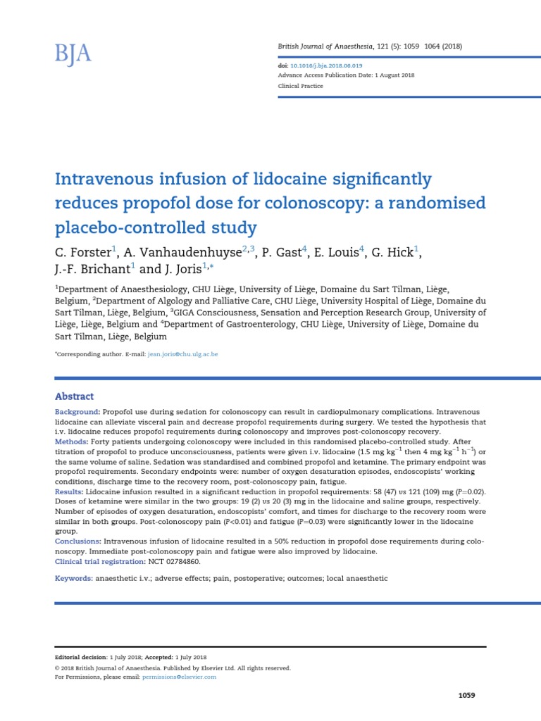 Intravenous Infusion of Lidocaine Reduces Propofol | PDF | Anesthesia ...