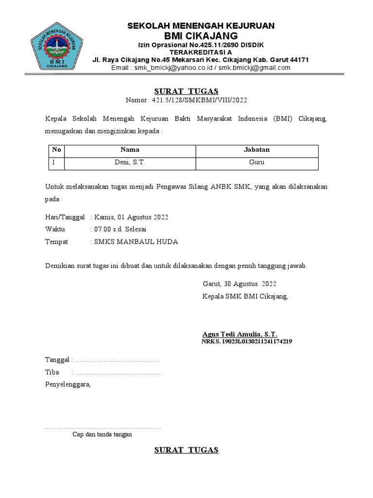 Surat Tugas Pengawas Silang Anbk | PDF