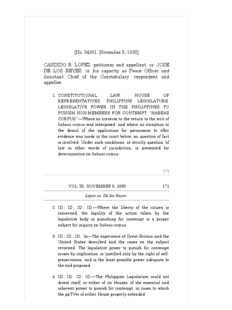 Lopez Vs de Los Reyes, 55 Phil 170, G.R. No. L-34361, November 5, 1930 | PDF | Contempt Of Court ...