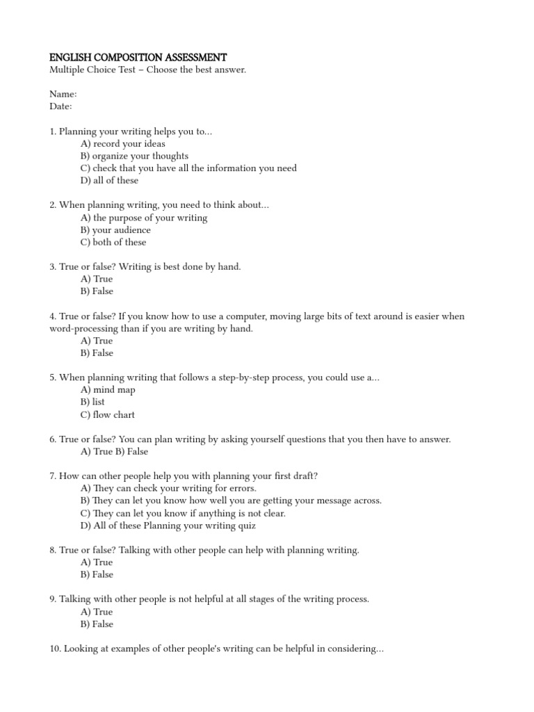 English Composition Test | PDF | Cognition | Human Communication