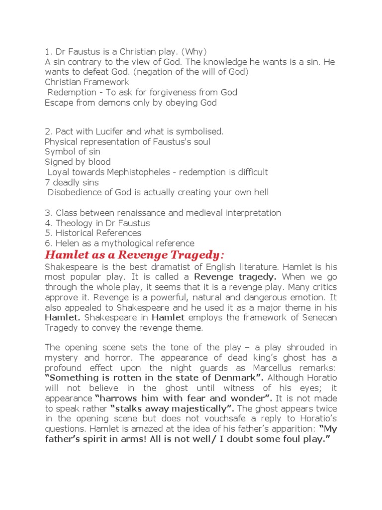 Hamlet As A Revenge Tragedy:: Hamlet. Shakespeare in Hamlet Employs The ...