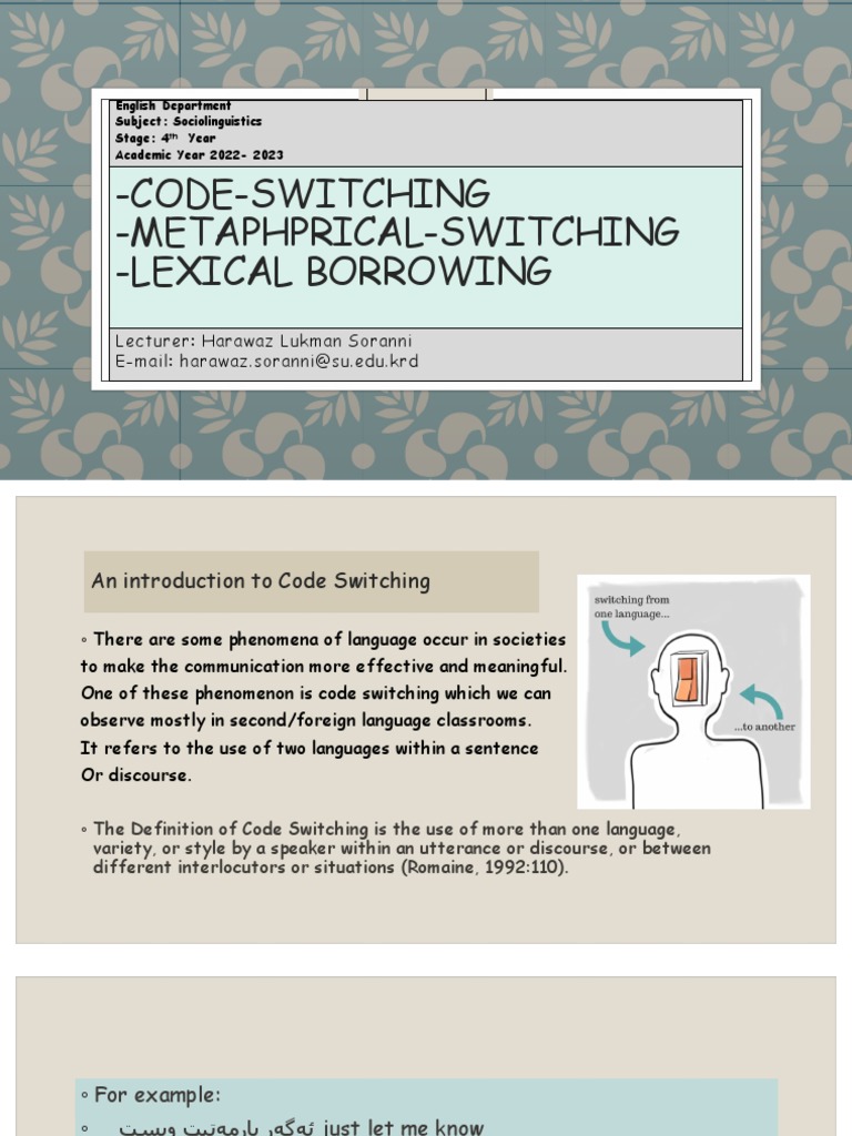 An Introduction to Code Switching: Types, Functions, and Lexical Borrowing | PDF | English ...