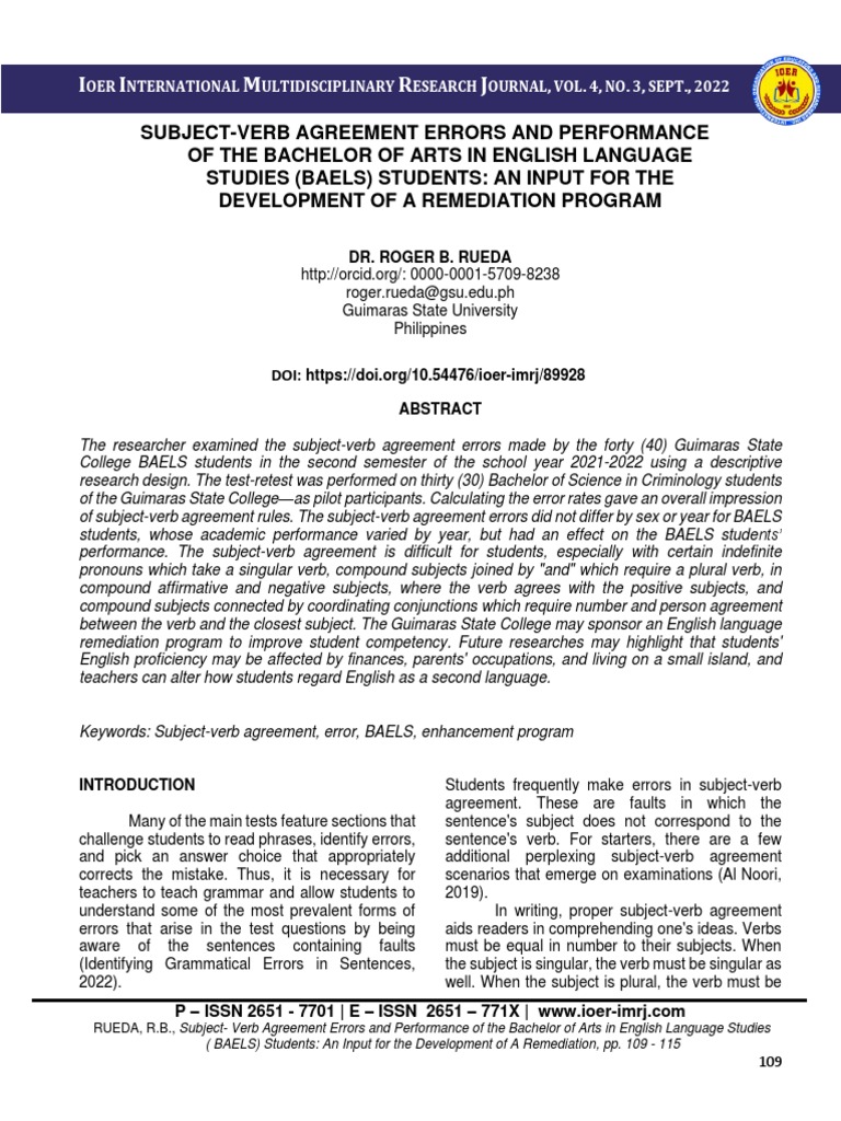 Subject - Verb Agreement Errors and Performance of The Bachelor of Arts in English Language ...